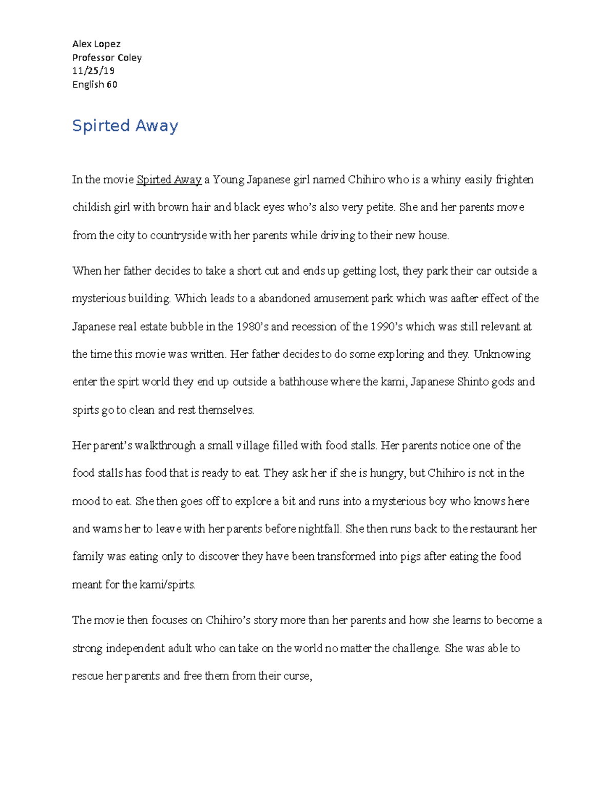 Spirted Away - a movie summary and comparison to family life - 11/25 ...