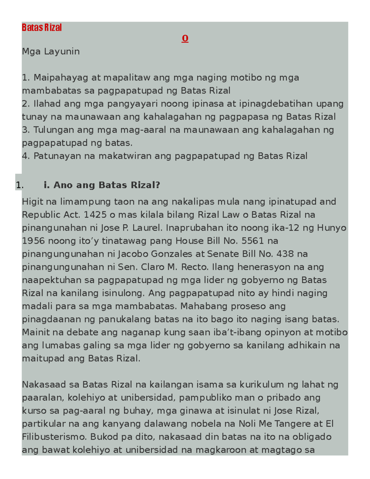 Batas Rizal ( A STUDY OF THE LEGAL FRAMEWORK FOR THE INTEGRATION OF THE ...