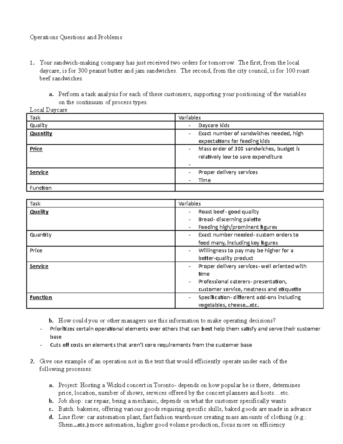 Operational Management Practice Exercises - Operations Questions and ...