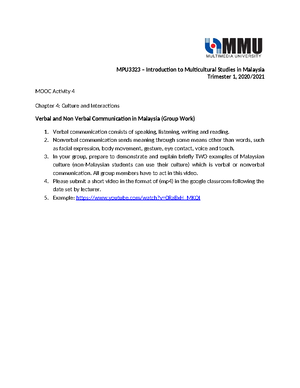 Moocs Activity 2 - exercise - MPU3323 – Introduction to Multicultural Studies in Malaysia ...