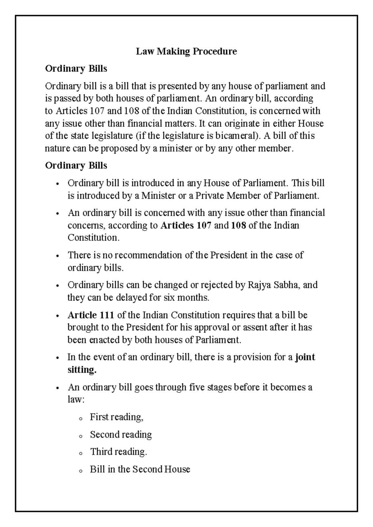 Law Making Procedure - notes - Law Making Procedure Ordinary Bills ...