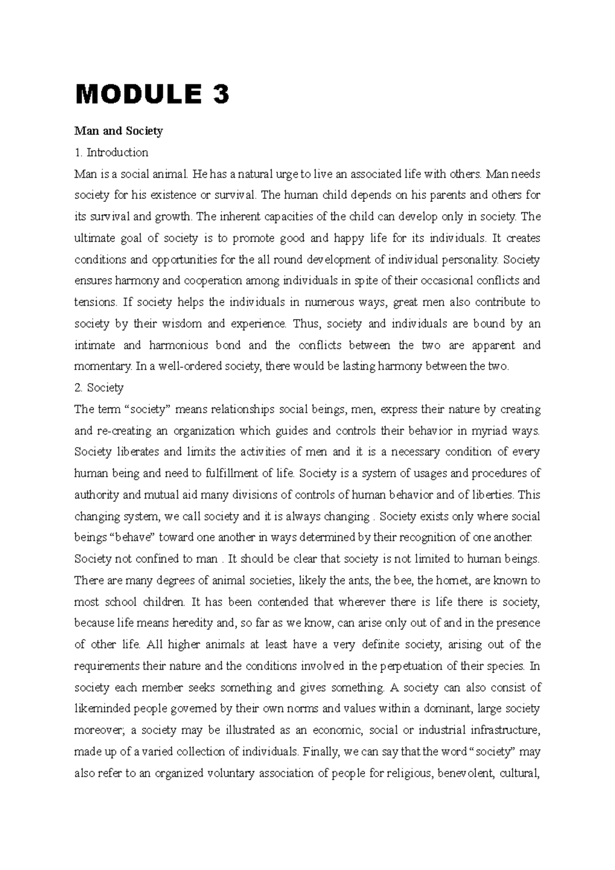 Module 3 Socialization - MODULE 3 Man and Society Introduction Man is a ...