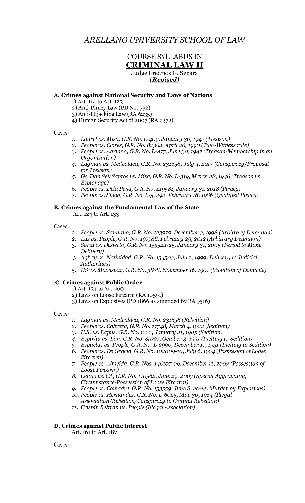 Criminal Law II Syllabus Judge Fredrick Separa AUSL SY 2022 23 ...