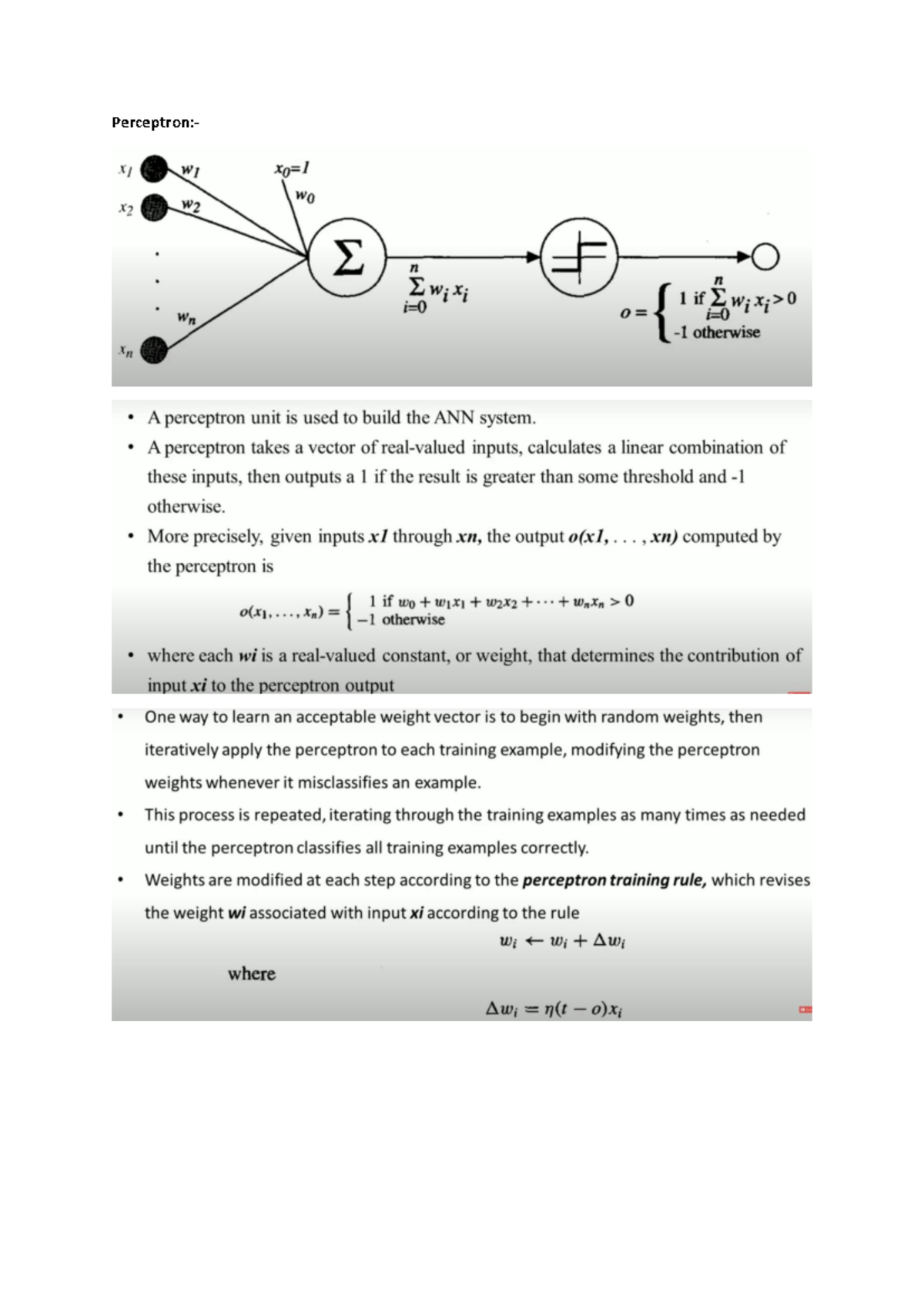 Perceptron - AIML notes - W1 wo x2 W2 Ewixi . Wn otherwise Xn A ...