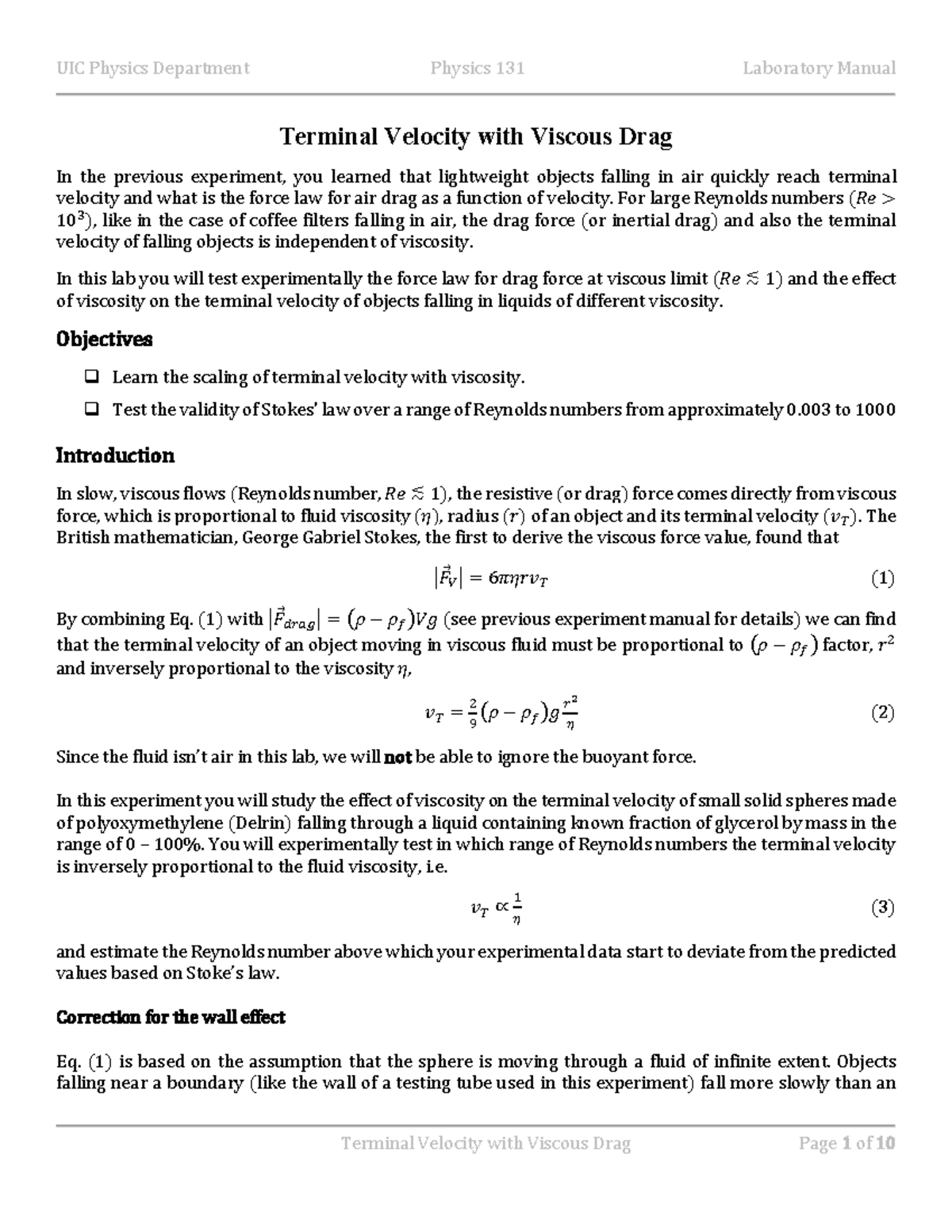 P132L05 Lab Manual - Terminal Velocity with Viscous Drag In the ...