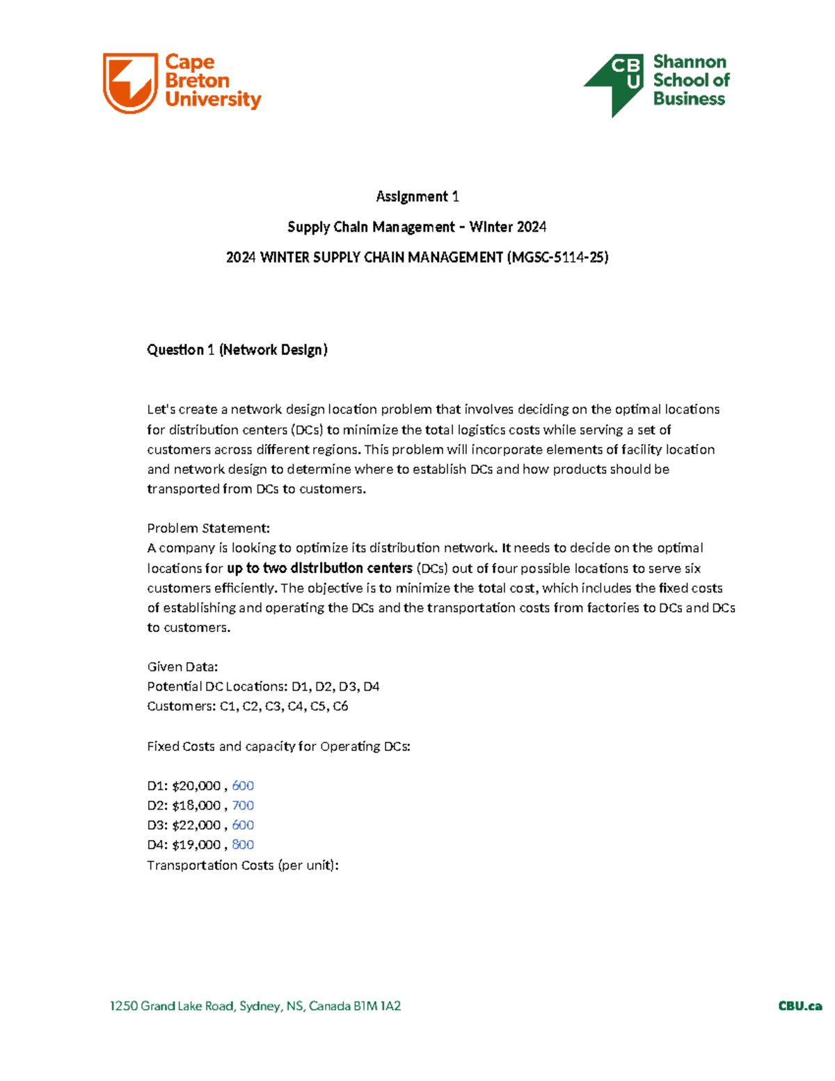 Assignment 1 simplified - Assignment 1 Supply Chain Management – Winter 2024 2024 WINTER SUPPLY ...