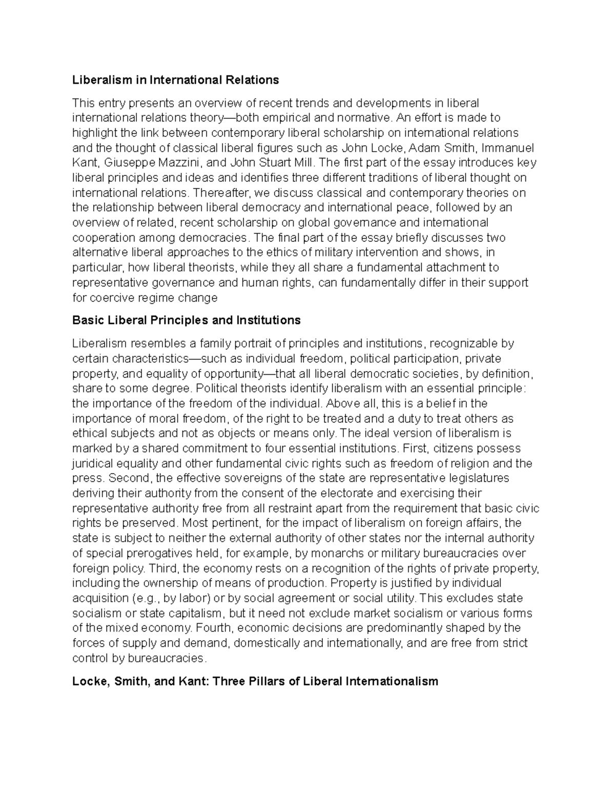 Liberalism in International Relations - An effort is made to highlight ...