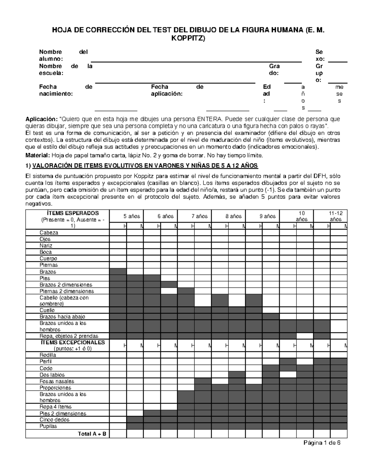 DFH Koppitz - Protocolo - HOJA DE CORRECCIÓN DEL TEST DEL DIBUJO DE LA ...