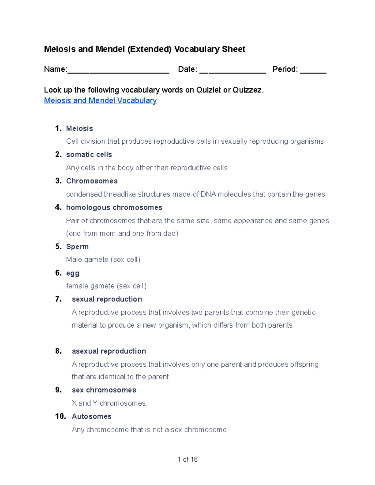 Meiosis and Mendel (Extended) - Meiosis and Mendel Vocabulary 1 ...