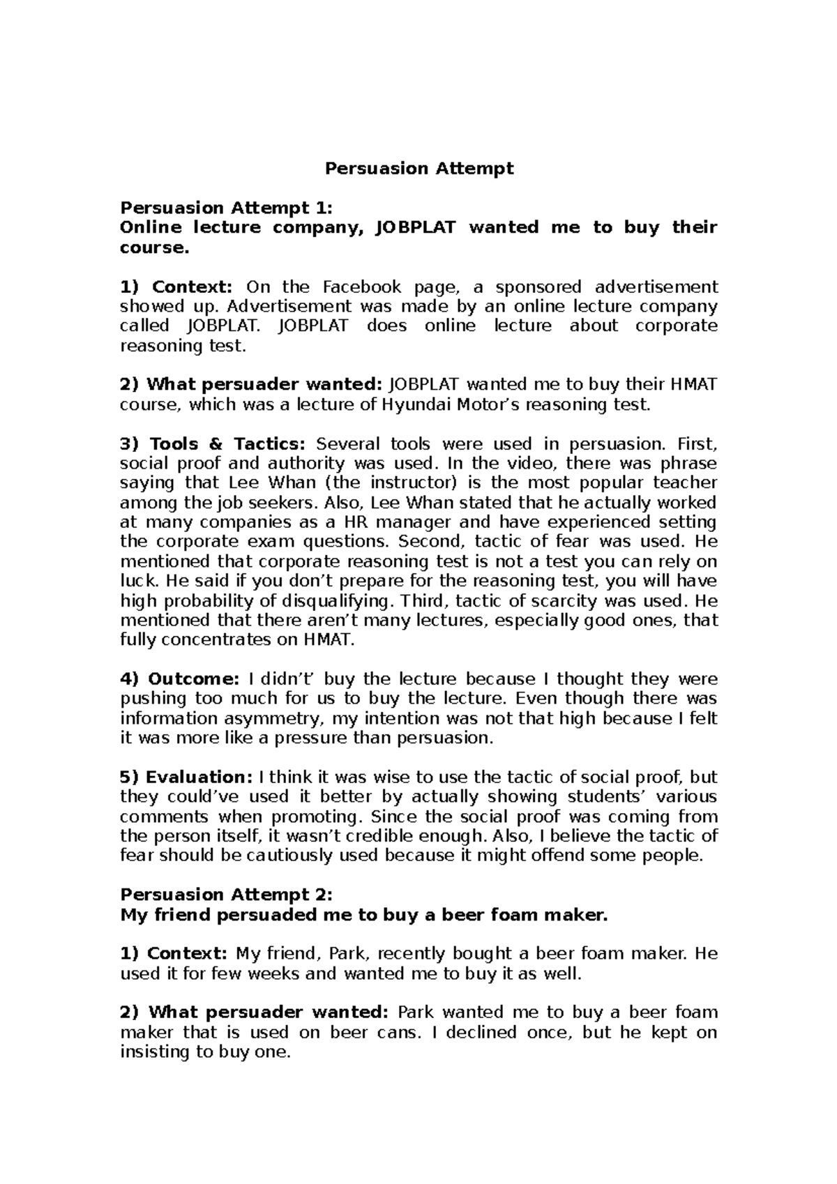 Assignment 1 (Persuasion) - Persuasion Attempt Persuasion Attempt 1 ...