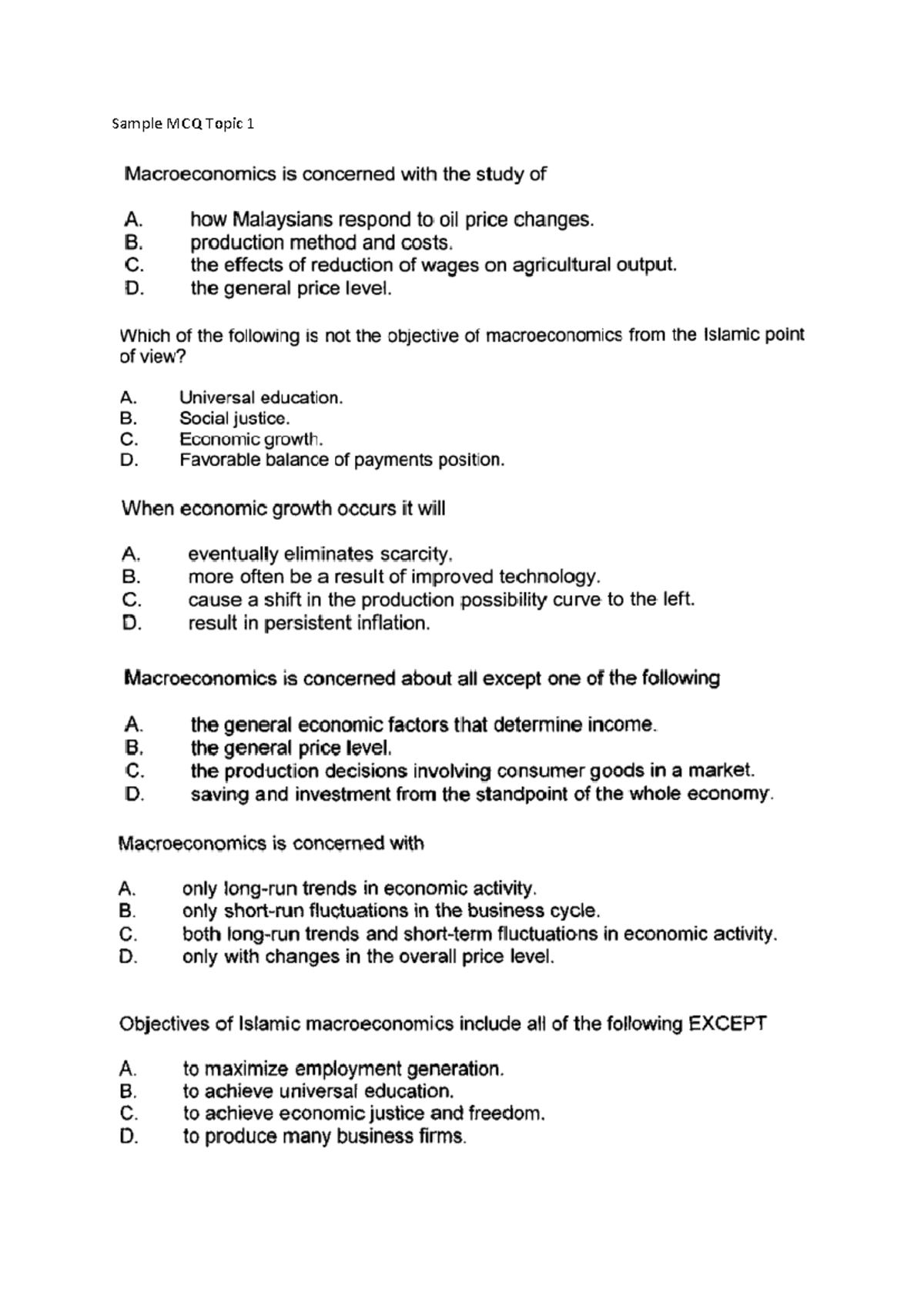Sample MCQ Topic 1 - Fundamentals of Economics - Sample MCQ Topic - Studocu