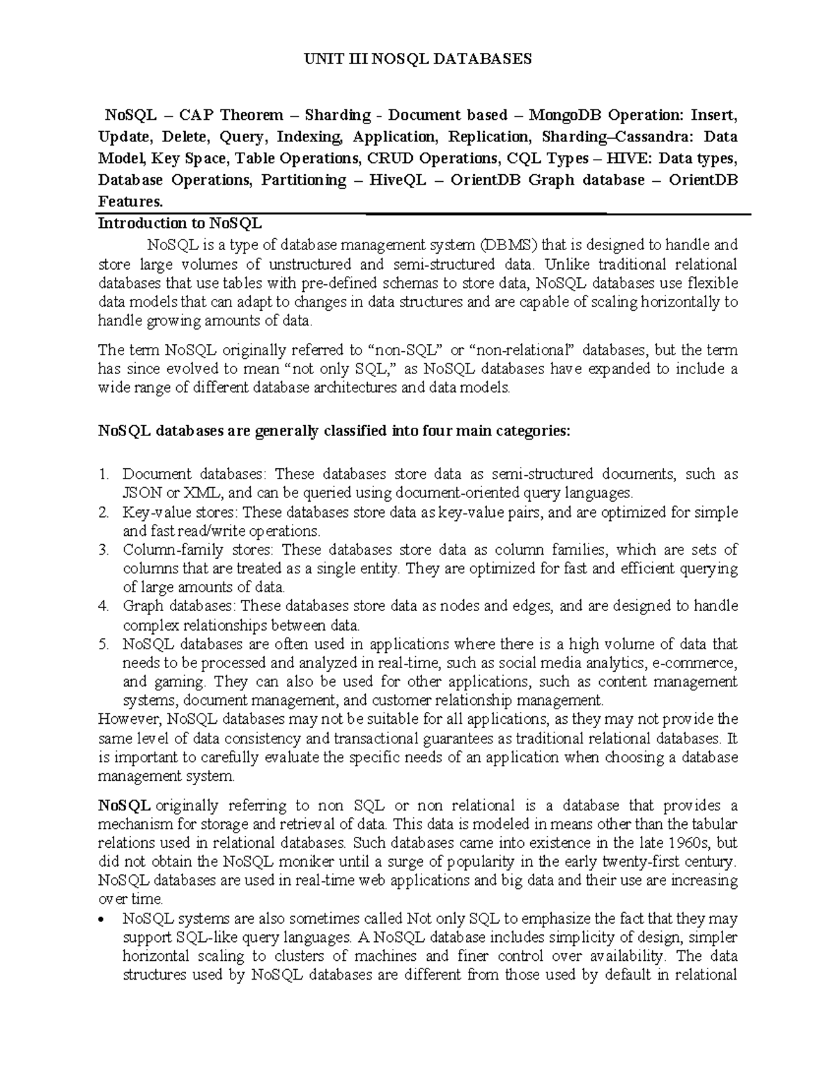 Advanced Database Technology - UNIT III NOSQL DATABASES NoSQL – CAP Theorem – Sharding ...