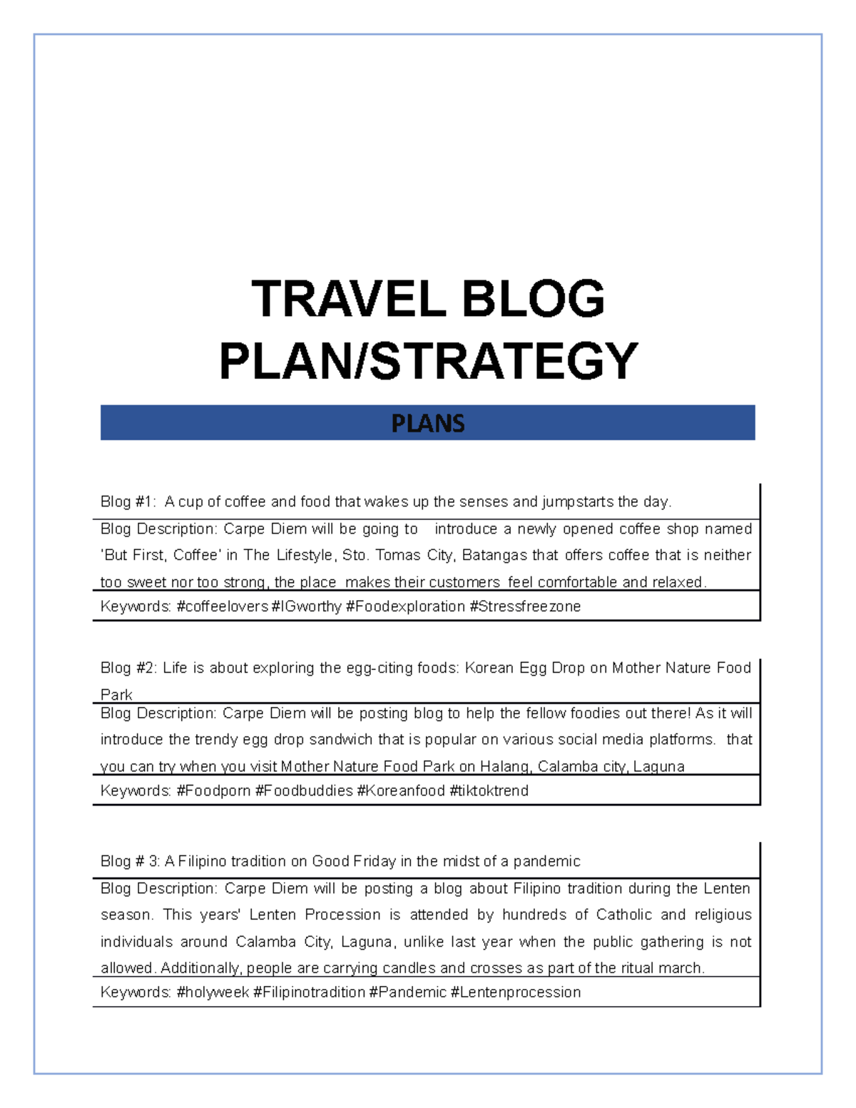 Group 1-12LE - travel blog plan and strategy - TRAVEL BLOG PLAN ...
