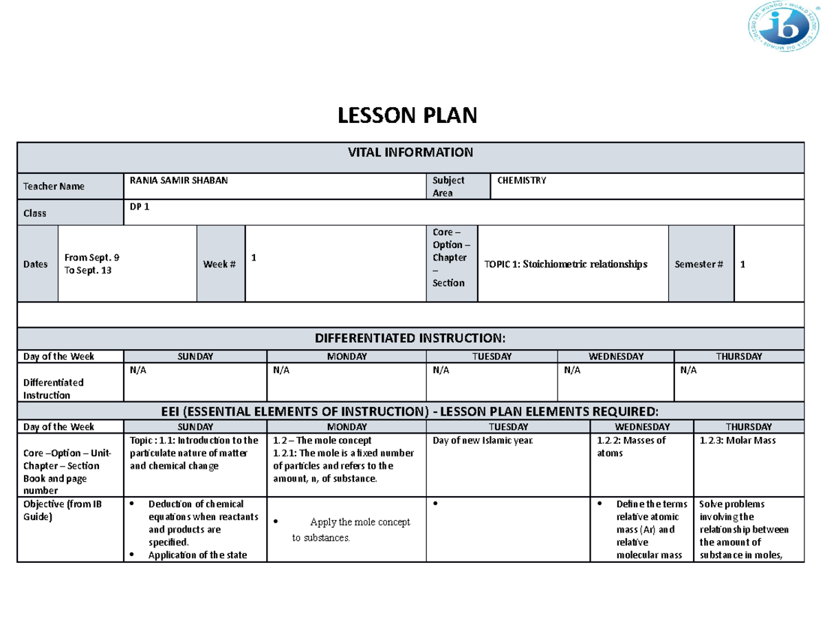 Chemistry DP 1 Week 1Q1 Lesson Plans - LESSON PLAN VITAL INFORMATION ...