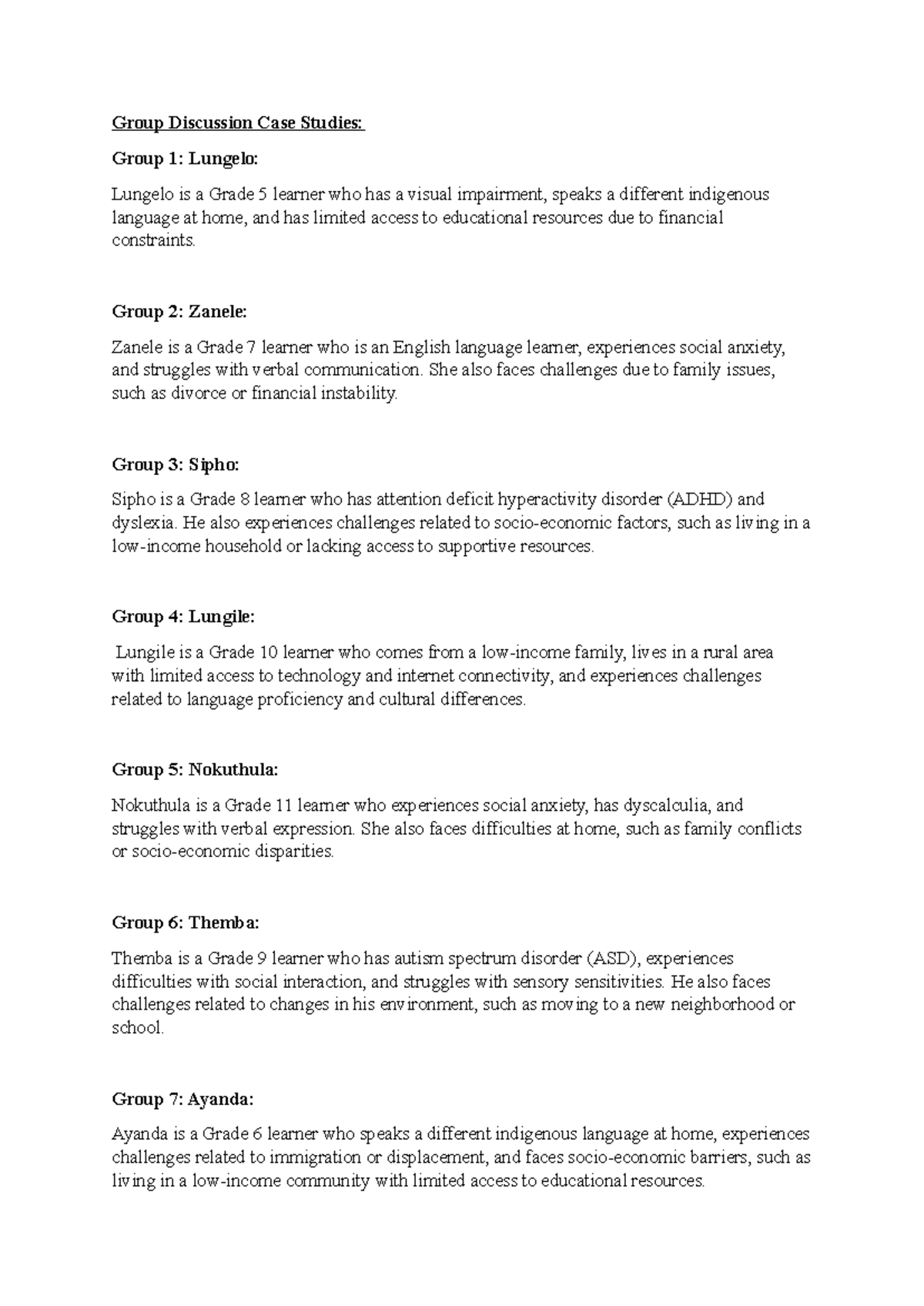 Group Discussion Case Studies - Group Discussion Case Studies: Group 1 ...