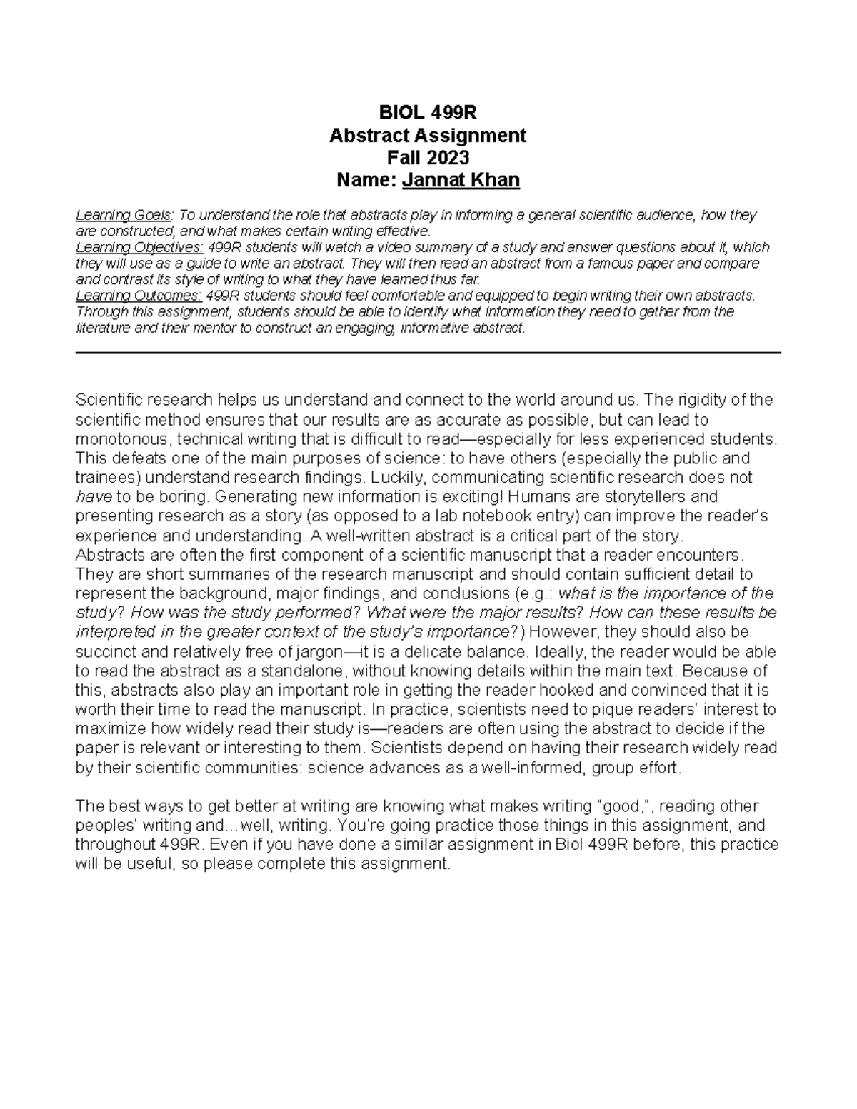 Abstract Jkhan - notes - BIOL 499R Abstract Assignment Fall 2023 Name ...