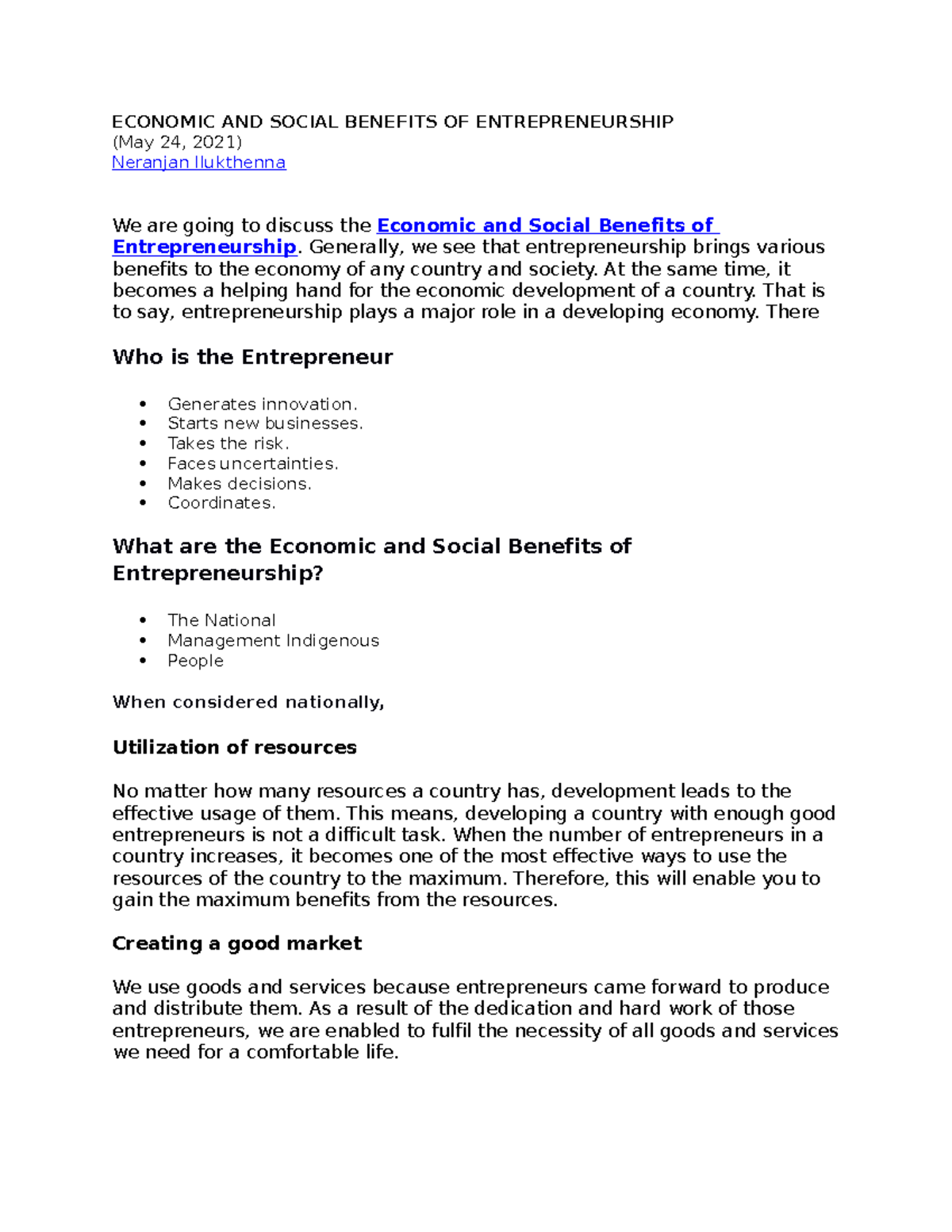 Economic AND Social Benefits OF Entrepreneurship - ECONOMIC AND SOCIAL ...