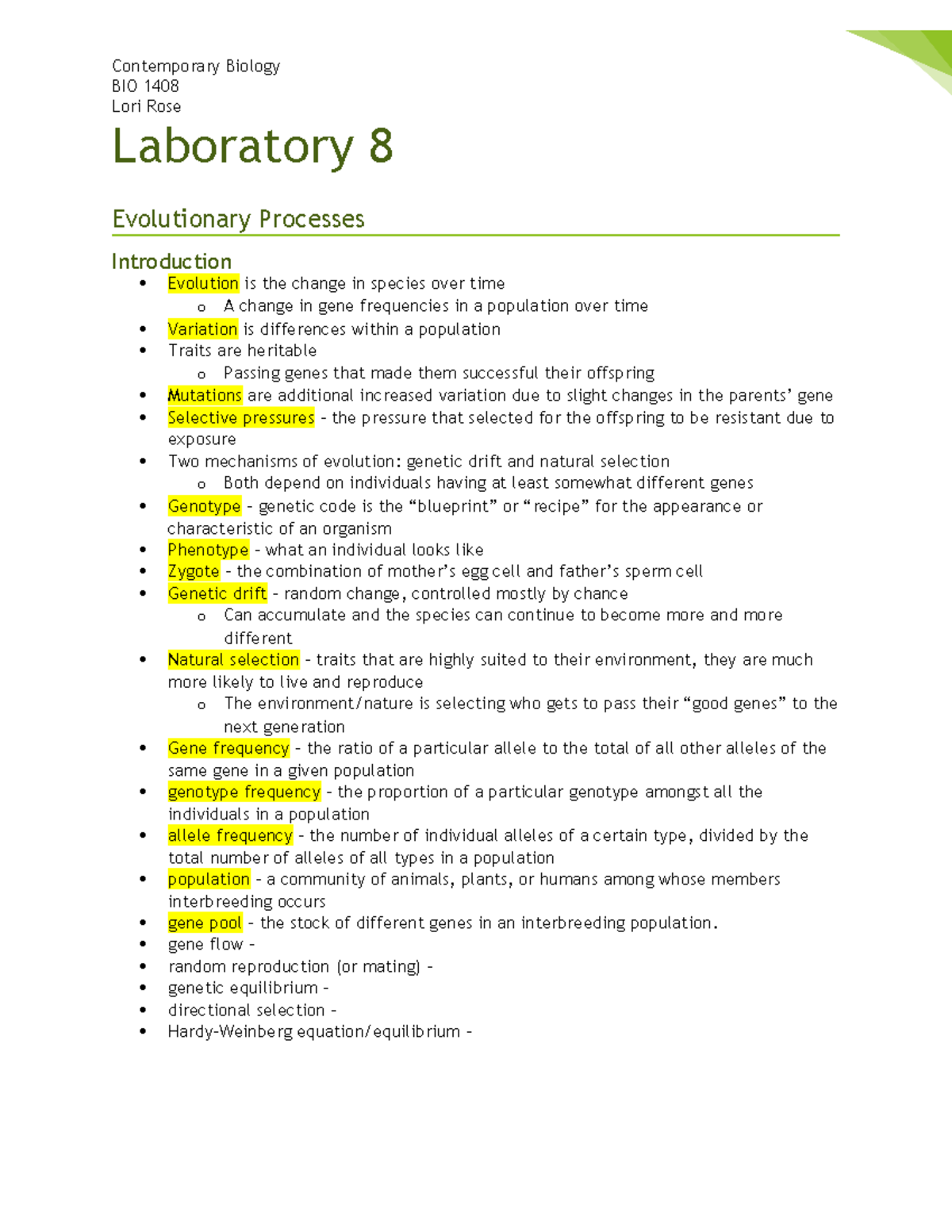 Lab 8 - Evolutionary Processes - BIO 134 - SHSU - Studocu