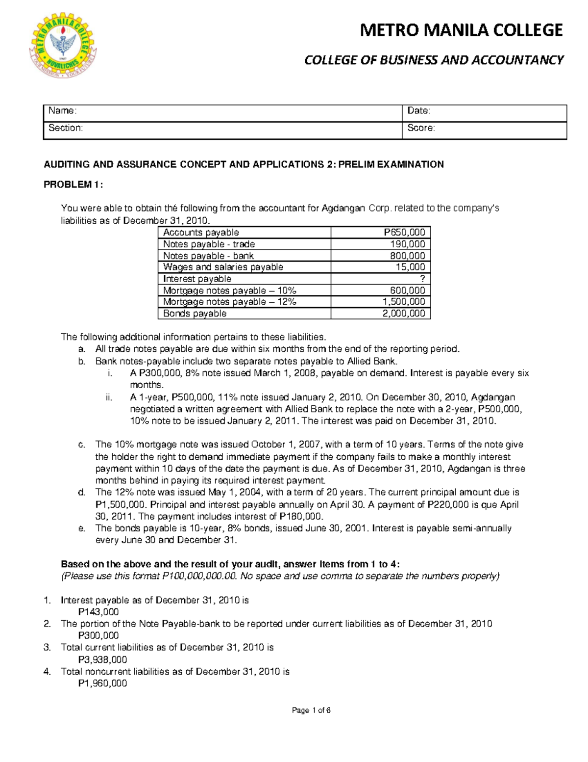 AACA 2 Prelim Examination - COLLEGE OF BUSINESS AND ACCOUNTANCY Name ...