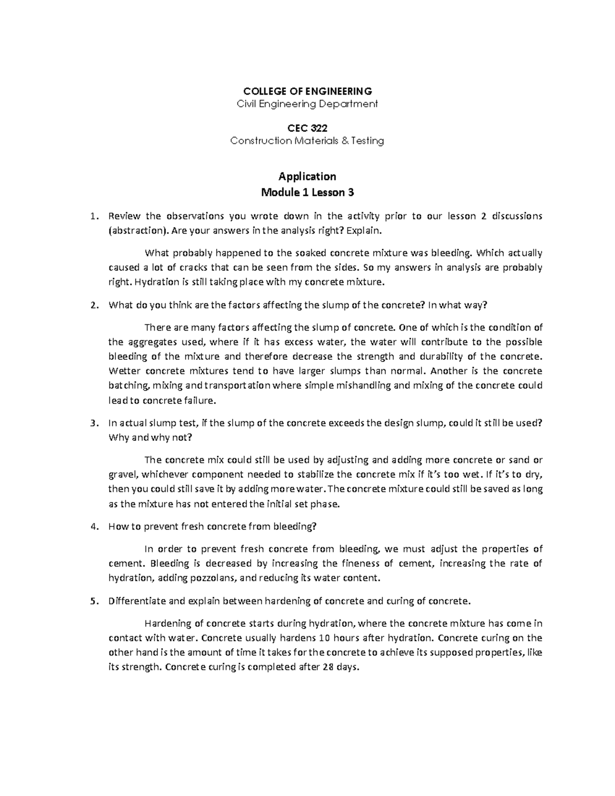 CEC322 Module 1Application 3 - COLLEGE OF ENGINEERING Civil Engineering Department CEC 322 - Studocu