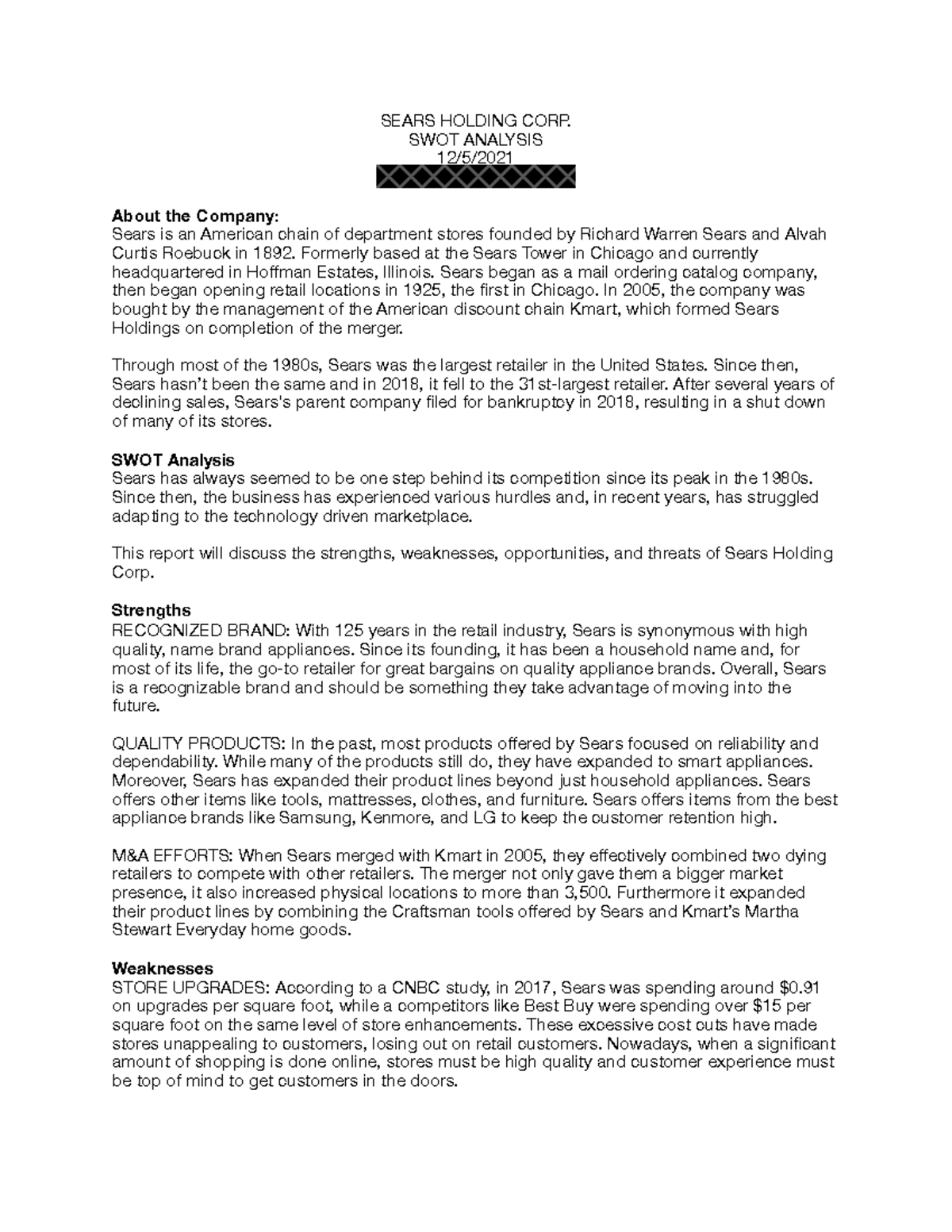 Sears SWOT Analysis for SWOT Analysis project - SEARS HOLDING CORP ...