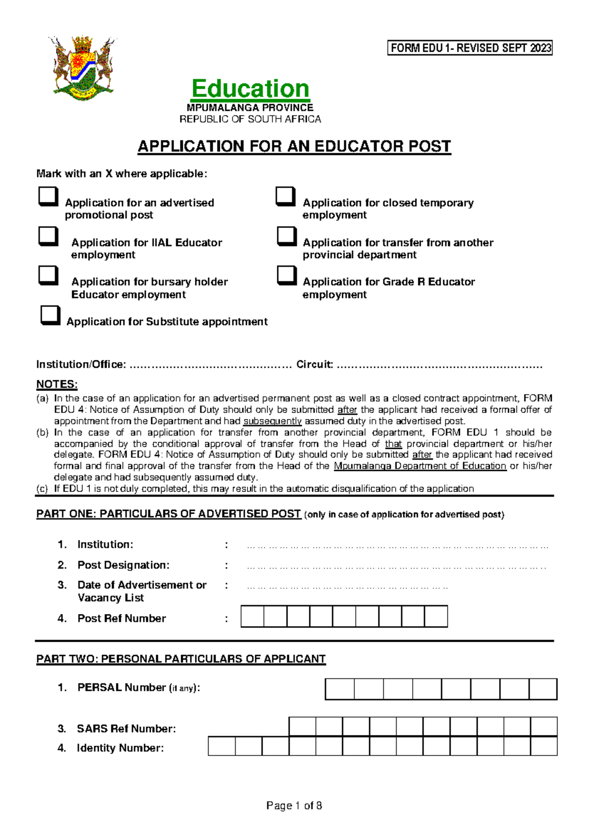 EDU1 Application FORM - Revised 2023 - APPLICATION FOR AN EDUCATOR POST ...
