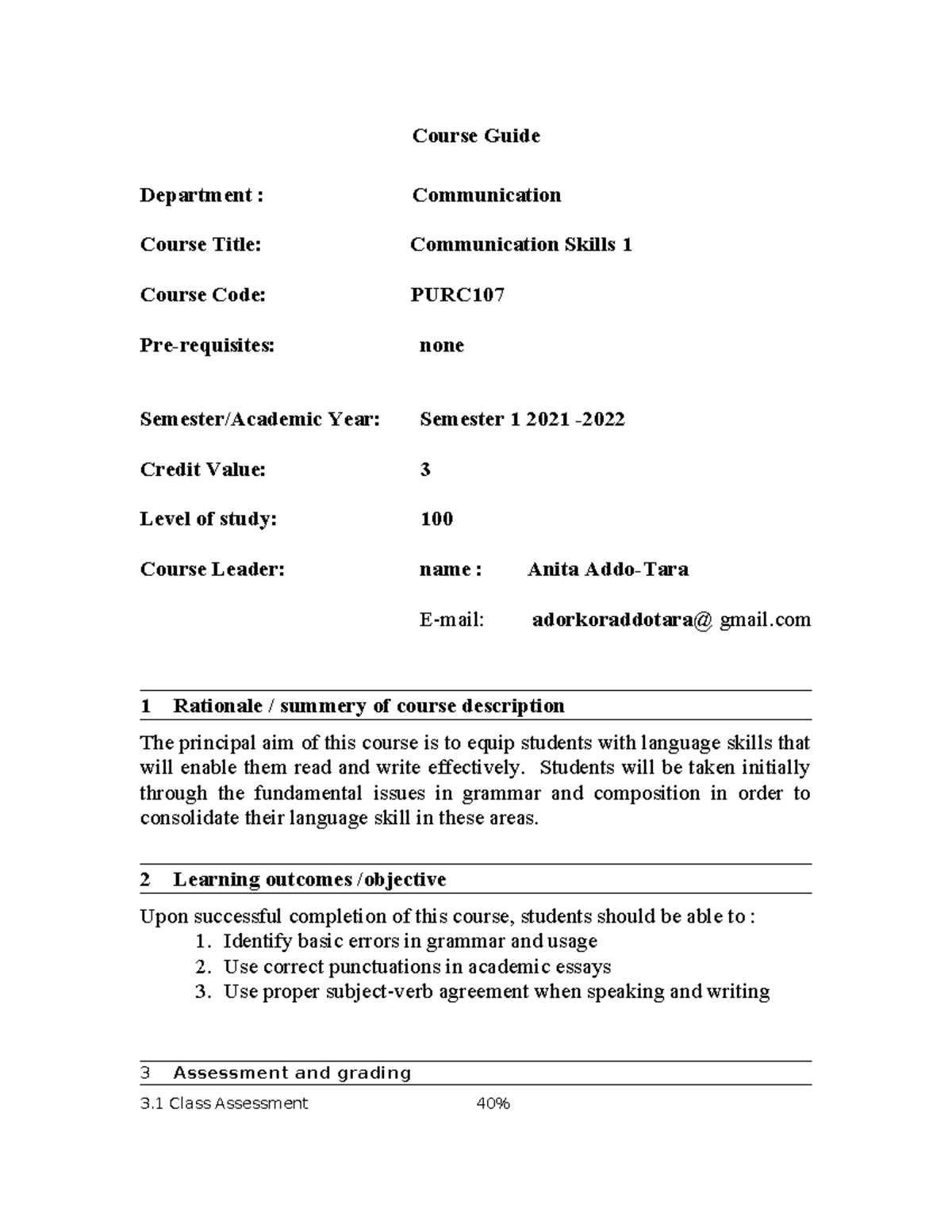 Communication Skills 1 course outline - Course Guide Department ...