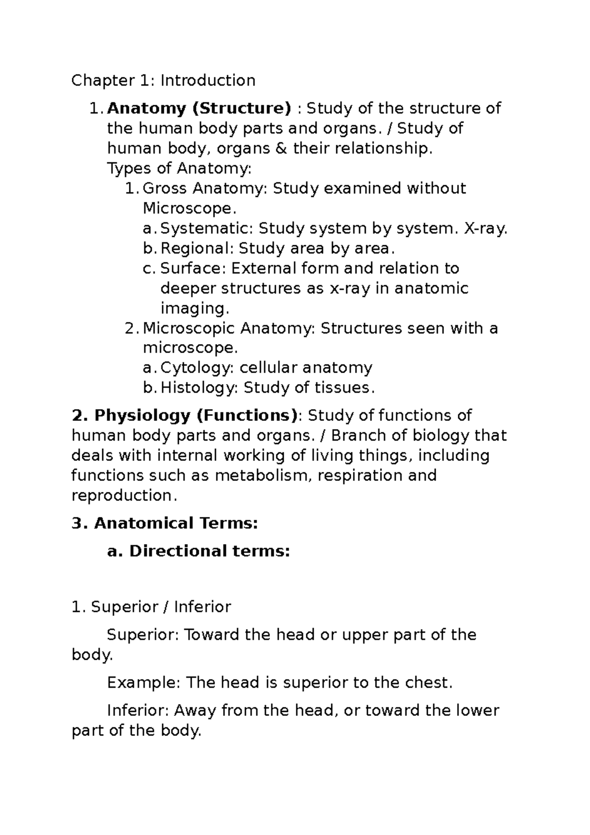Human biology 1 - Chapter 1: Introduction 1. Anatomy (Structure ...