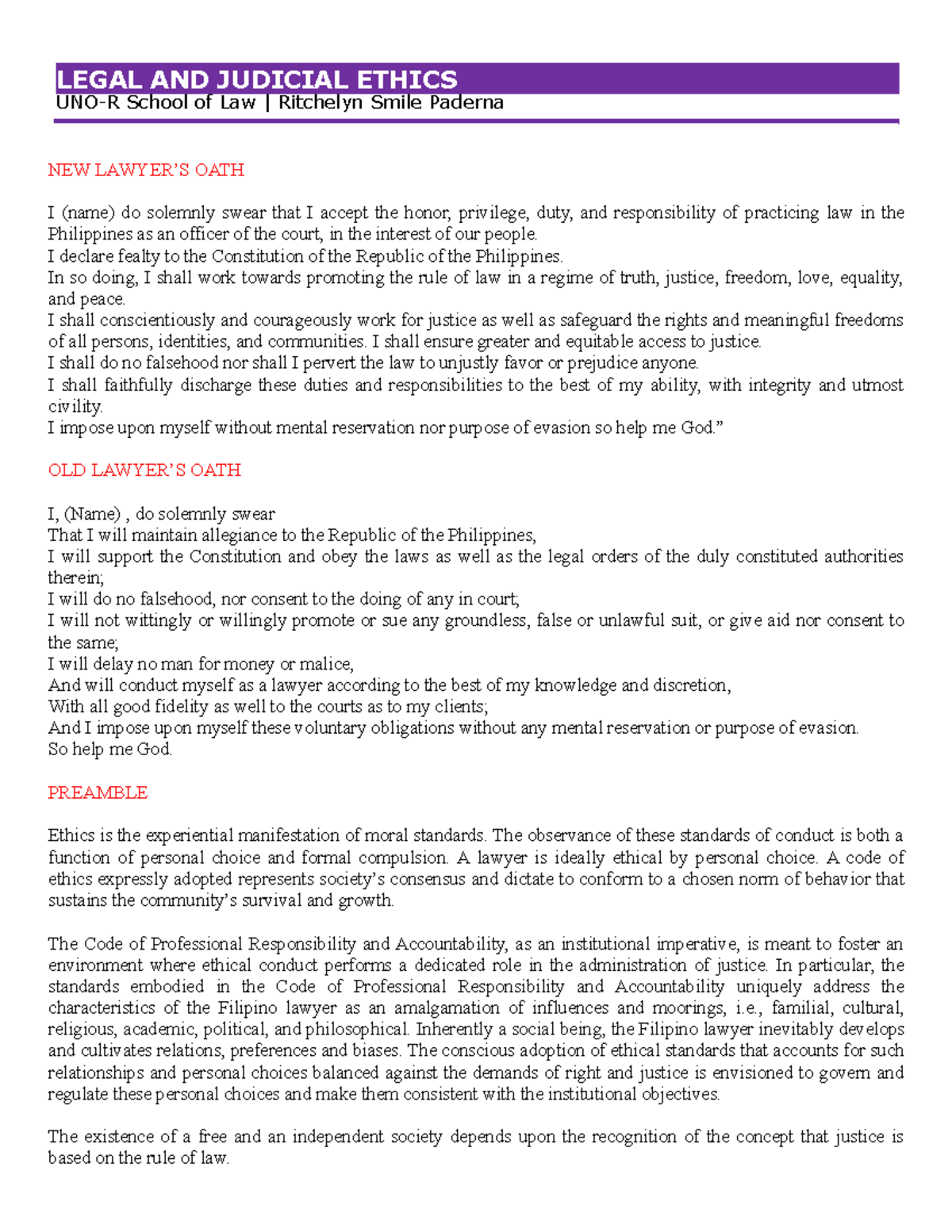 LJE - Copy - Ethics - NEW LAWYER’S OATH I (name) do solemnly swear that I accept the honor ...