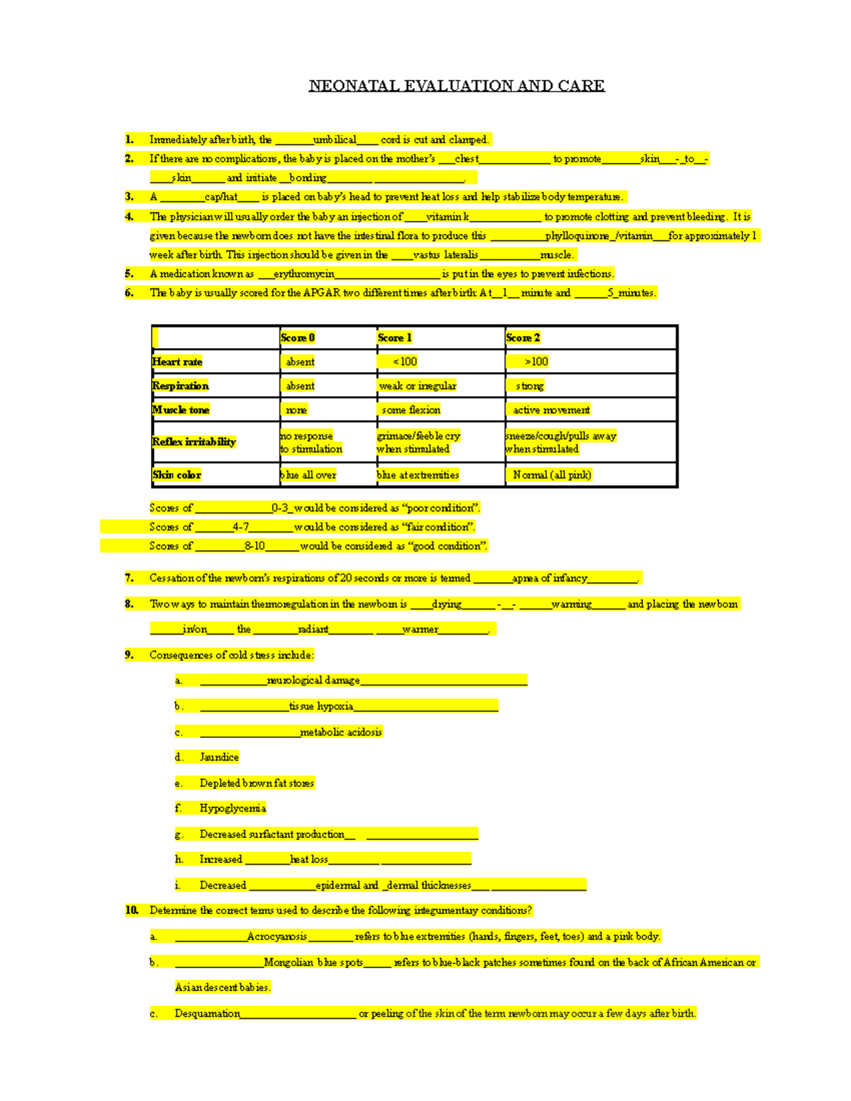 Work 5 Worksheet - neonatal fill in the blank - NEONATAL EVALUATION AND ...