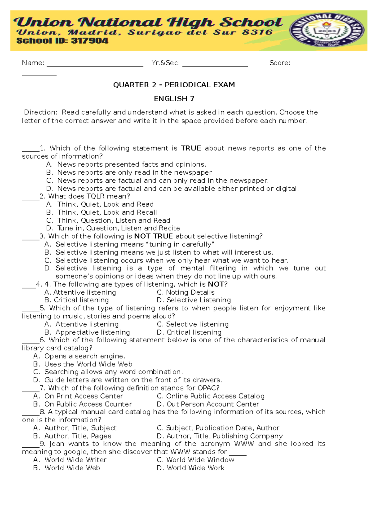 Eng.7-Q2-Periodical Exam - Name: ____________________________ Yr.&Sec