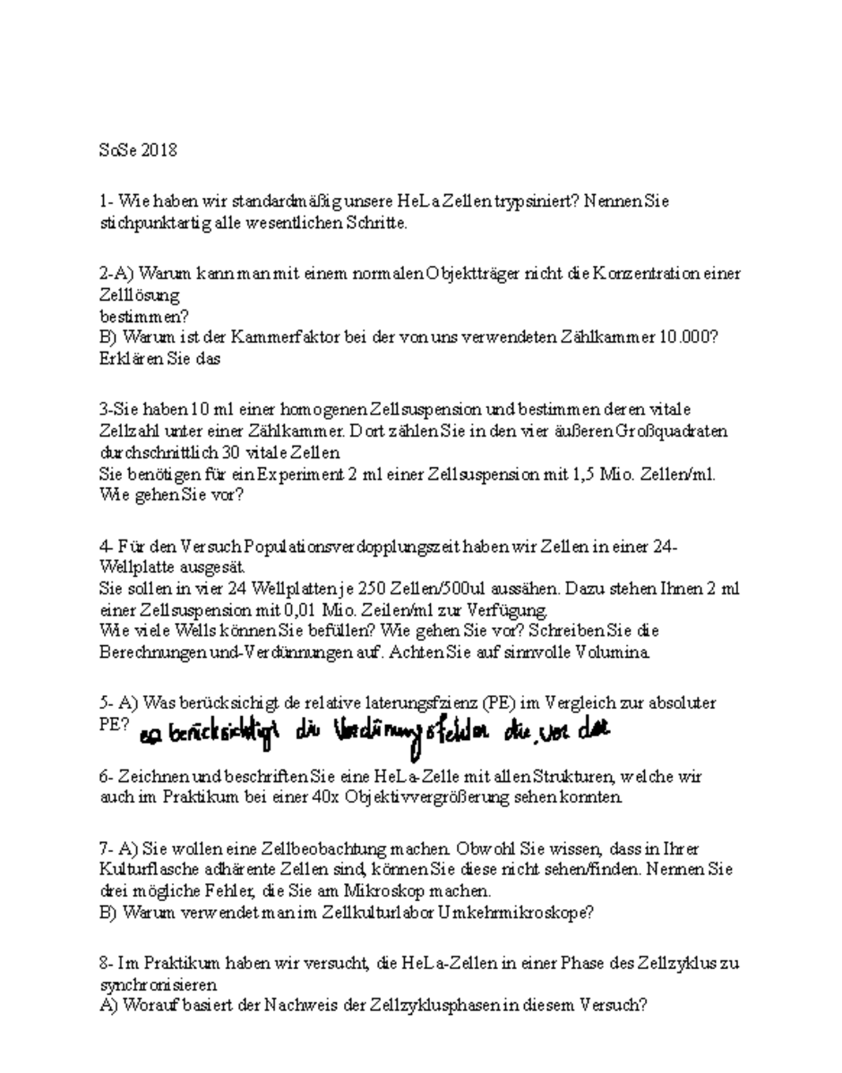 Zellkulturtechnik Klausurfragen - SoSe 2018 1- Wie haben wir ...