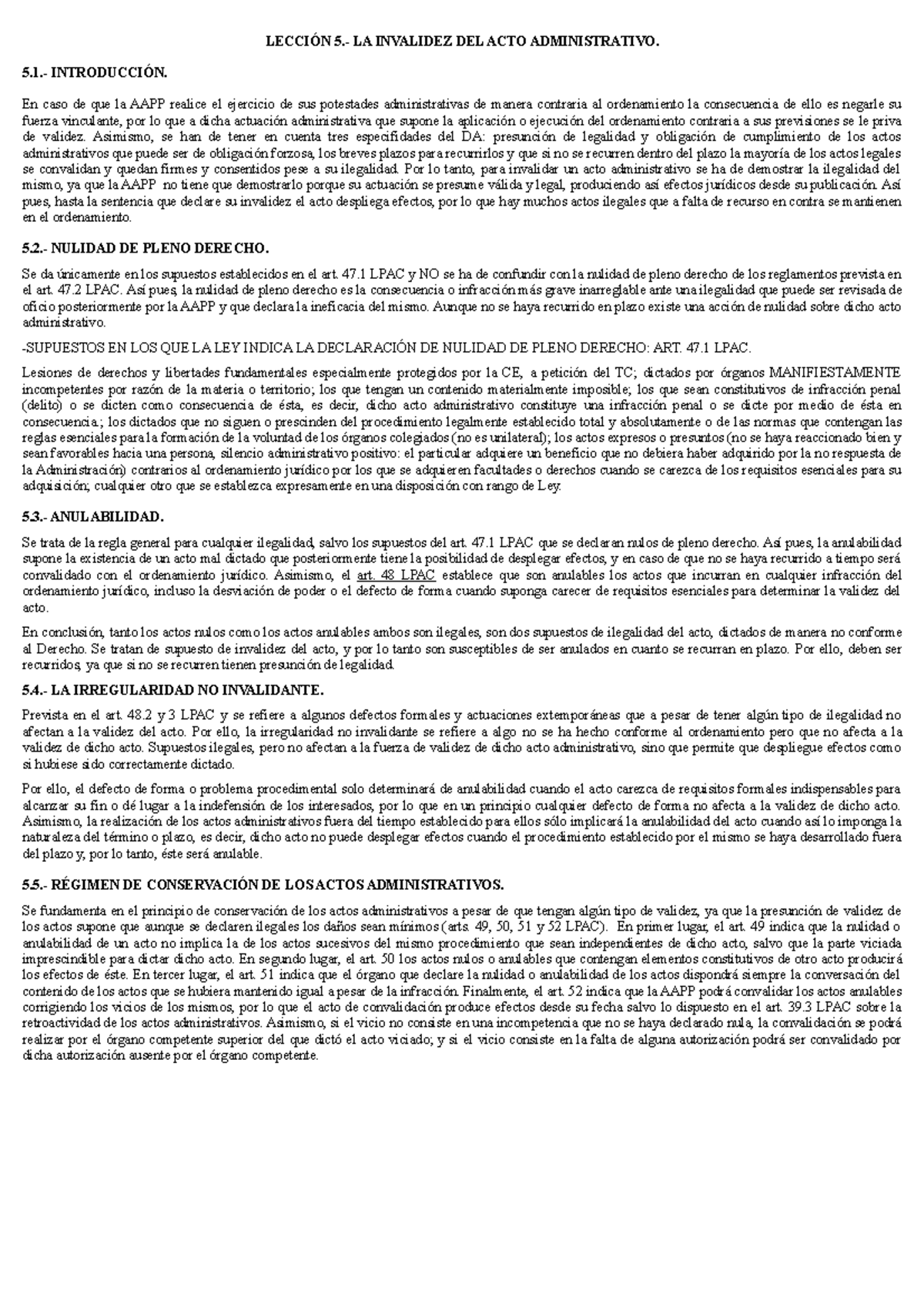 Lección 5.- Admin I - LECCIÓN 5.- LA INVALIDEZ DEL ACTO ADMINISTRATIVO. 5.- INTRODUCCIÓN. En ...