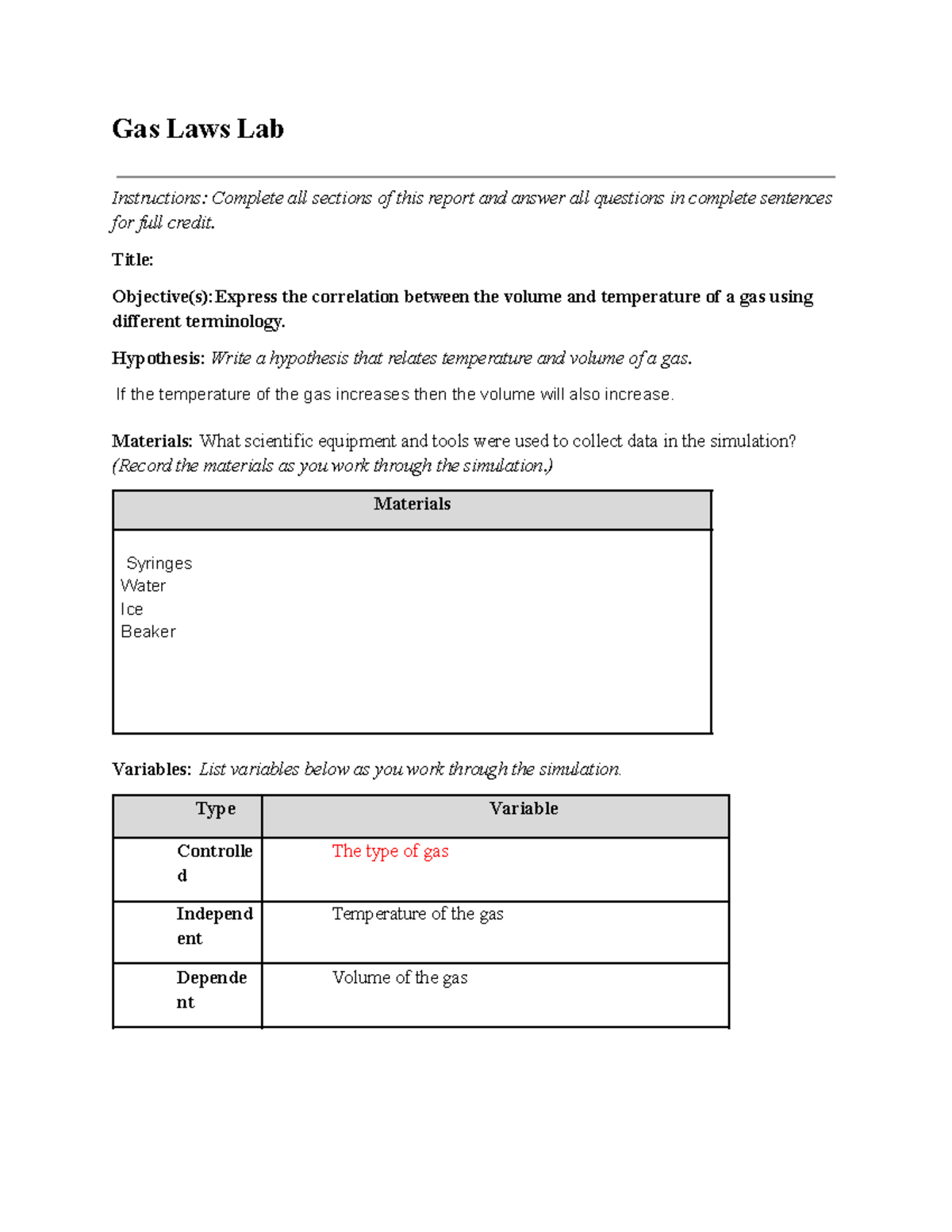 Gas laws Lab - Gas Laws Lab Instructions: Complete all sections of this ...