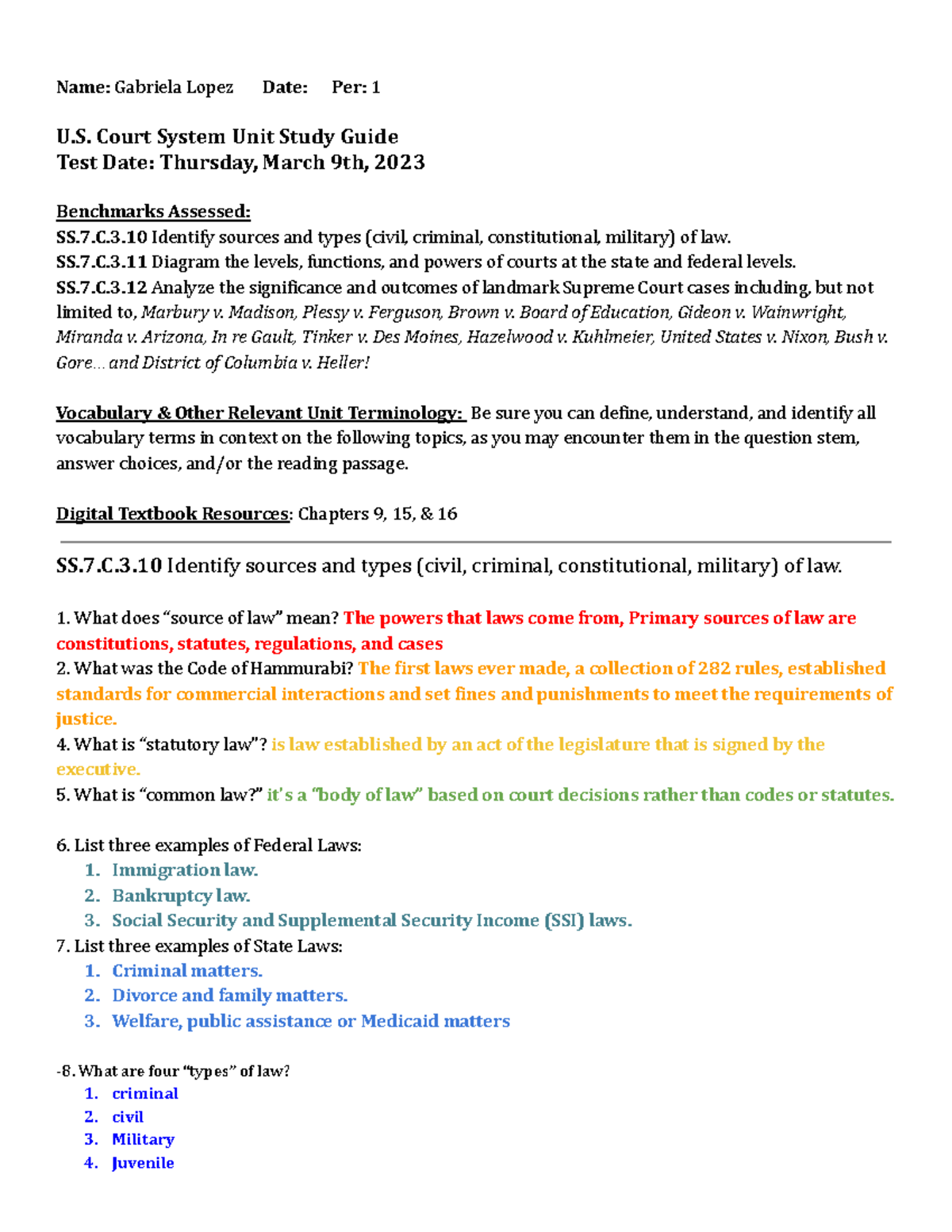 Ms. J - U.S. Court System Study Guide - Name: Gabriela Lopez Date: Per ...