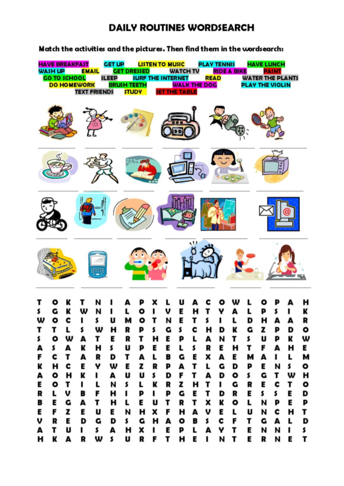 Sopa de letras - Inglés - DAILY ROUTINES WORDSEARCH Match the ...