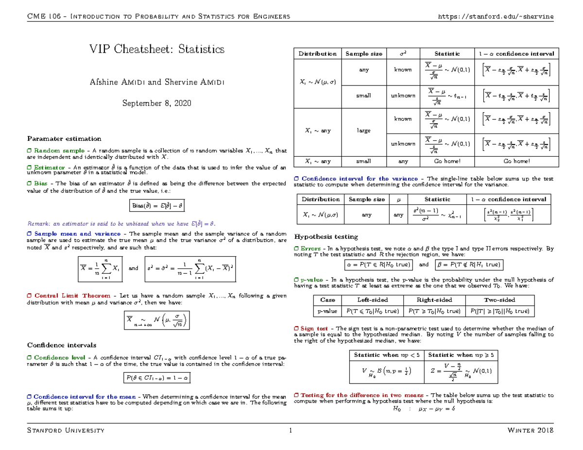 Cheatsheet-statistics - CME 106 – Introduction to Probability and Statistics for Engineers - Studocu