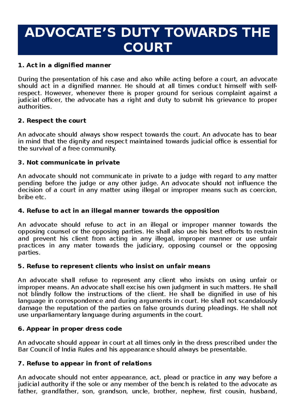 Advocate Practice esentials - ADVOCATE’S DUTY TOWARDS THE COURT Act in ...