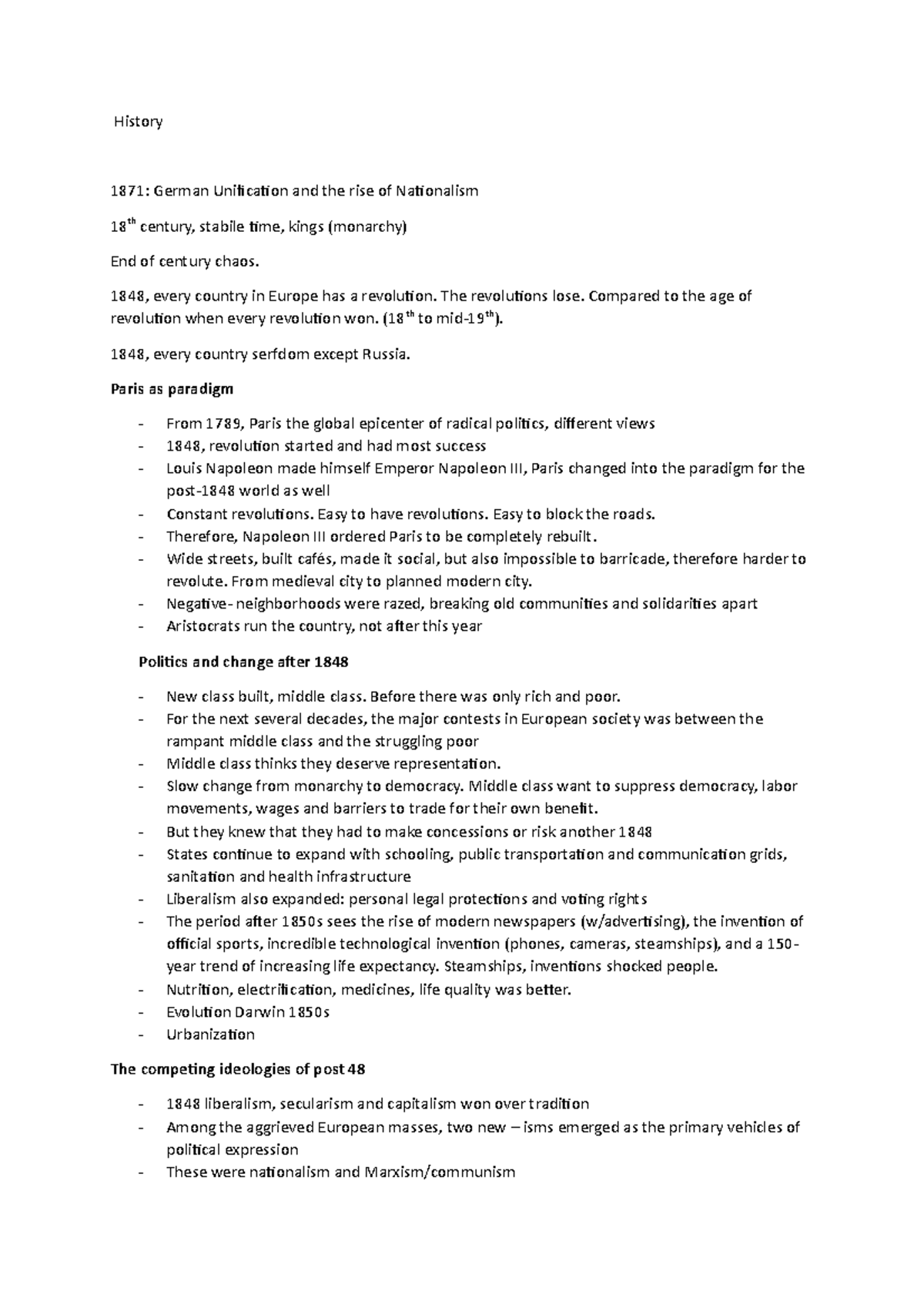 History notes - History 1871: German Unification and the rise of ...