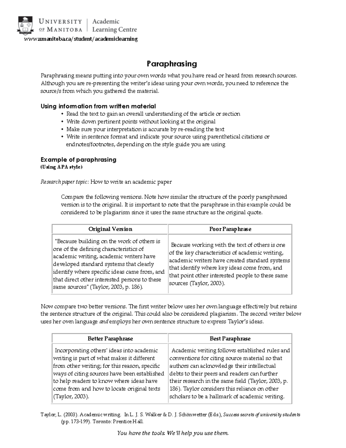 PARA 2 - NOTES - umanitoba/student/academiclearning You have the tools ...