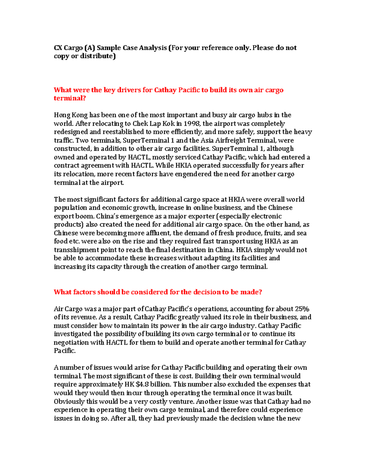 CX Cargo (A) Sample Case Analysis - Please do not copy or distribute ...