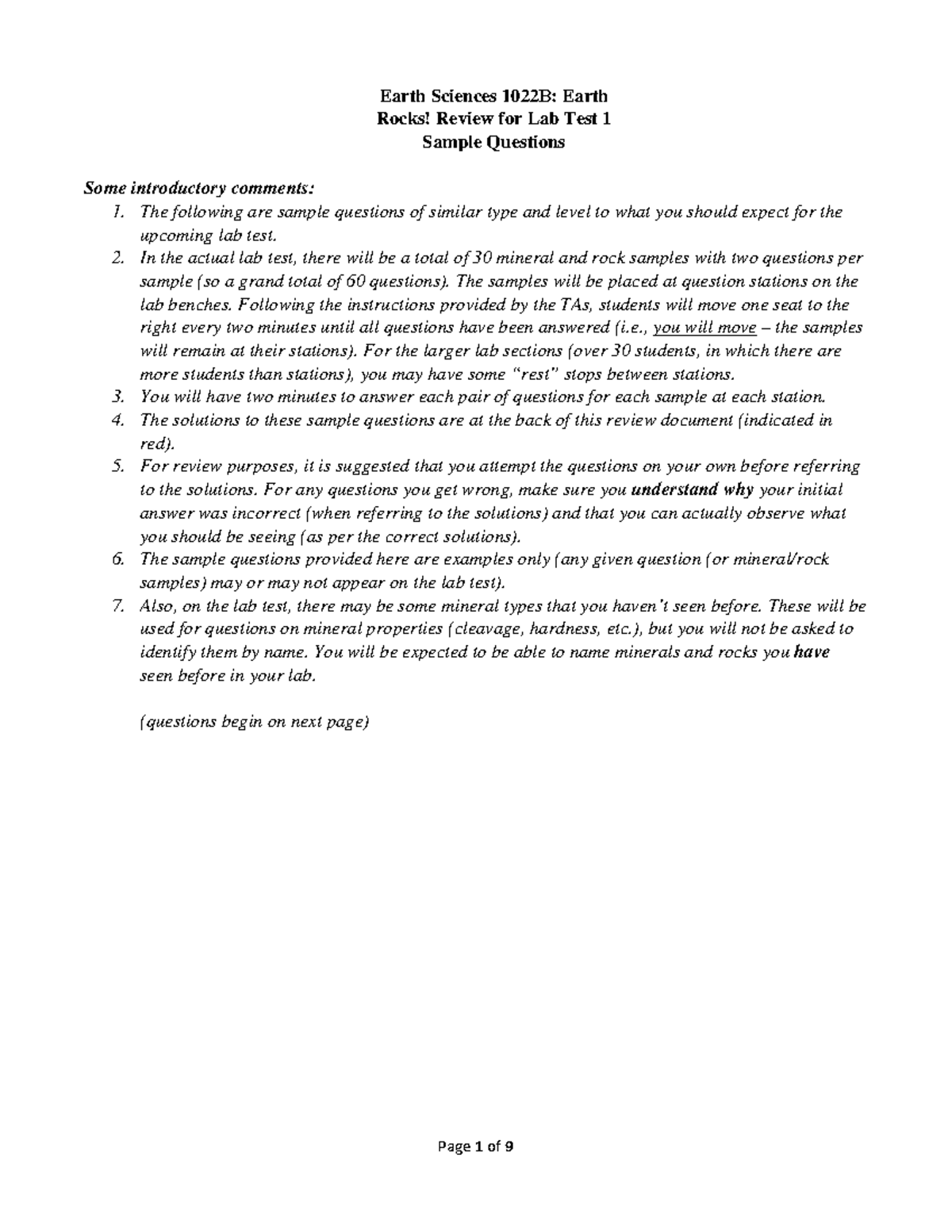ES 1022 A pre-labtest 1 practicequestions - Earth Sciences 1022B: Earth ...
