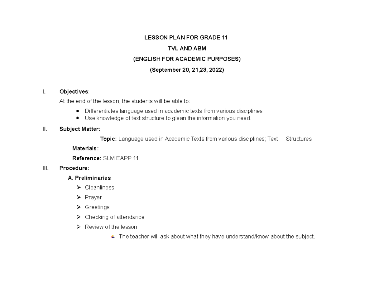 Lesson PLAN FOR Grade 11 LESSON PLAN FOR GRADE 11 TVL AND ABM