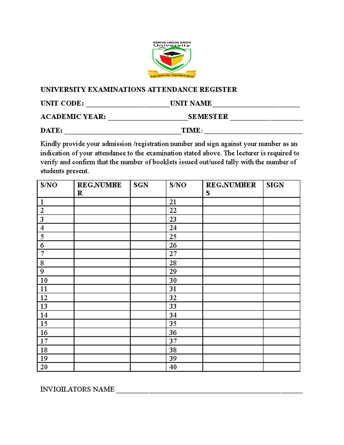 University Examinations Attendance Register - UNIVERSITY EXAMINATIONS ...