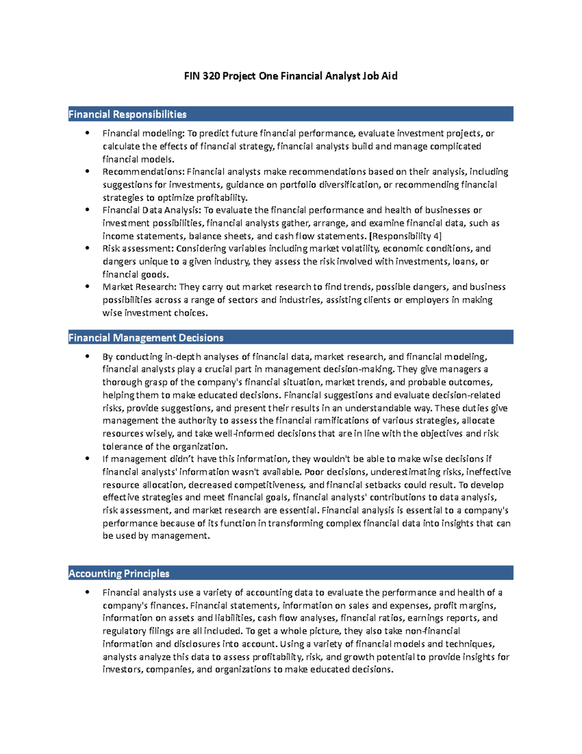 3-2 FIN 320 Project One Financial Analyst Job Aid - FIN 320 Project One ...