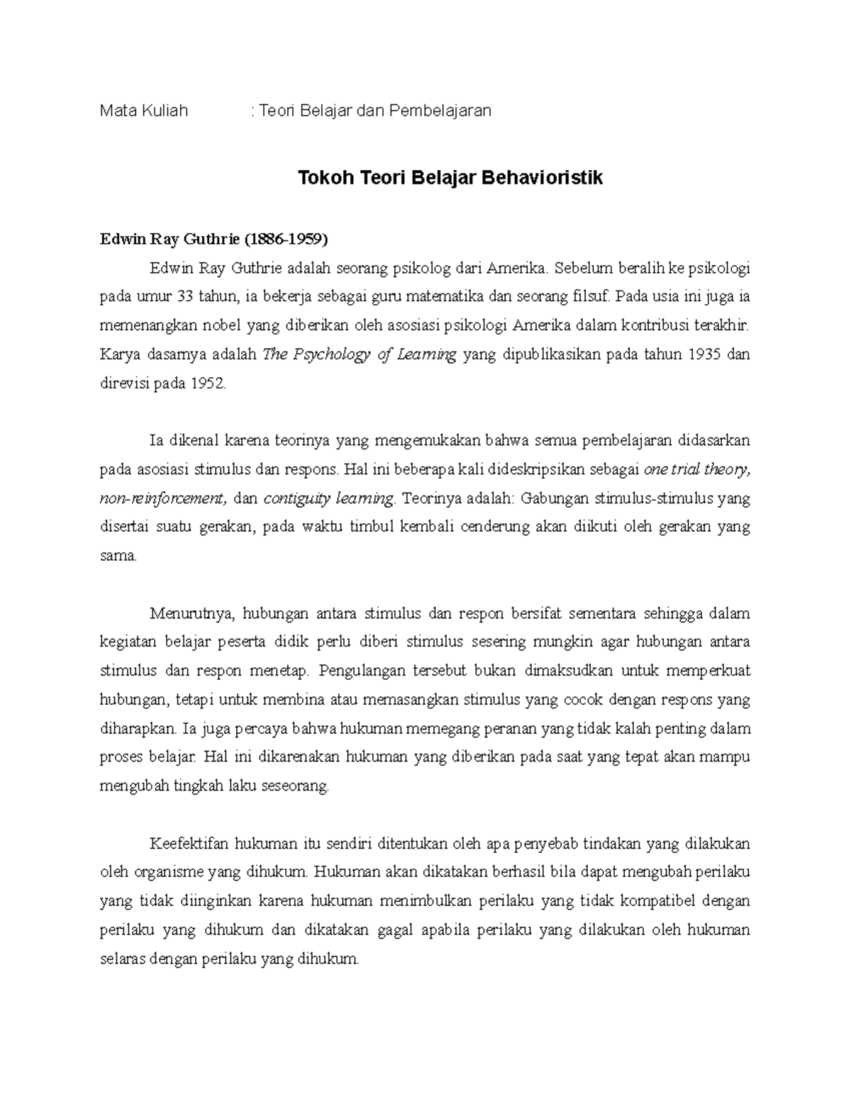 Tokoh Teori Belajar Behavioristik - Edwin Ray Guthrie - Mata Kuliah ...