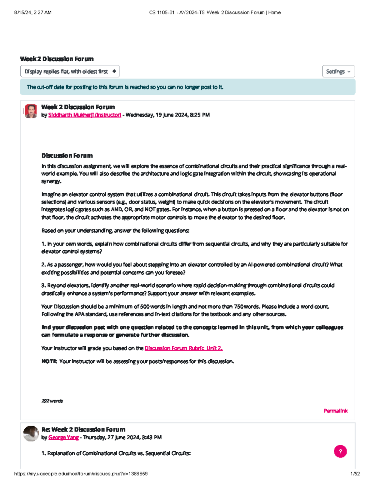 CS 1105-01 - AY2024-T5 Week 2 Discussion Forum Home - Week 2 Discussion Forum Display replies at ...