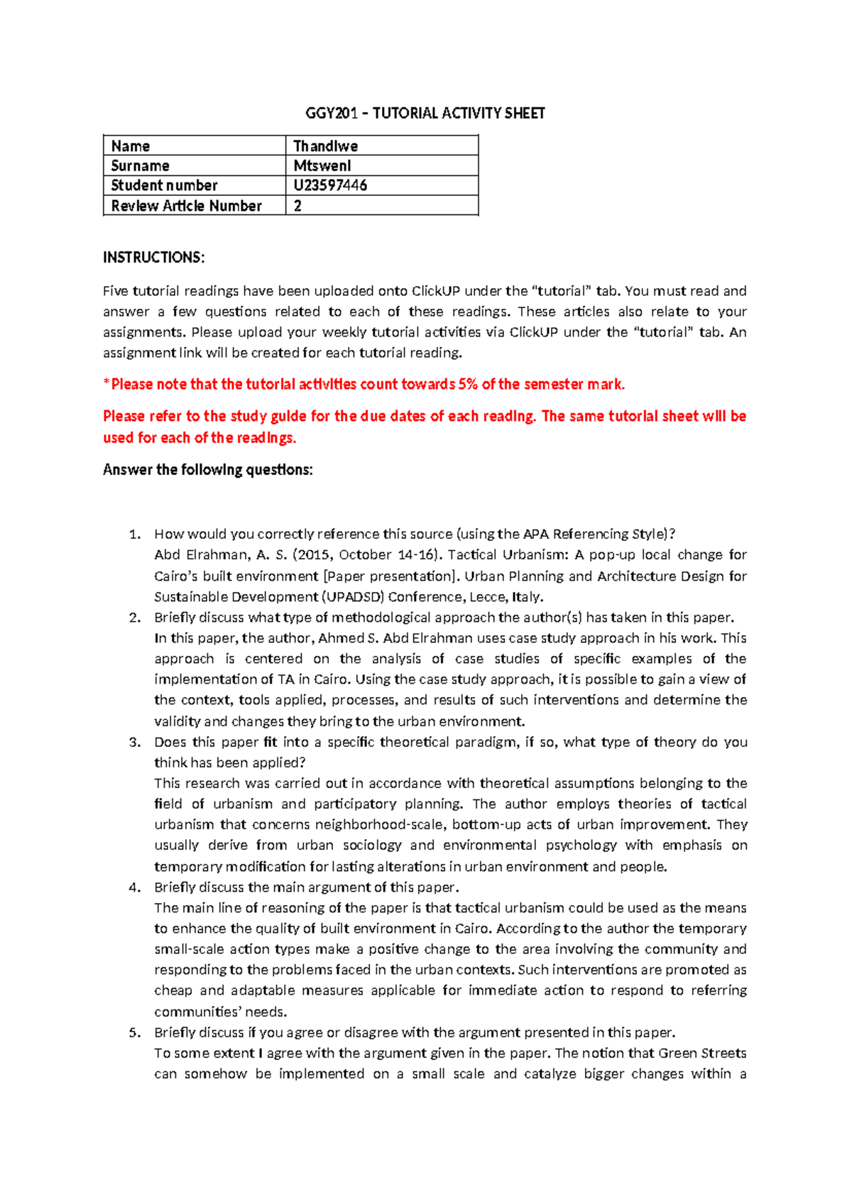 GGY201 Tutorial Activity Sheet 2024 2 - GGY201 – TUTORIAL ACTIVITY ...