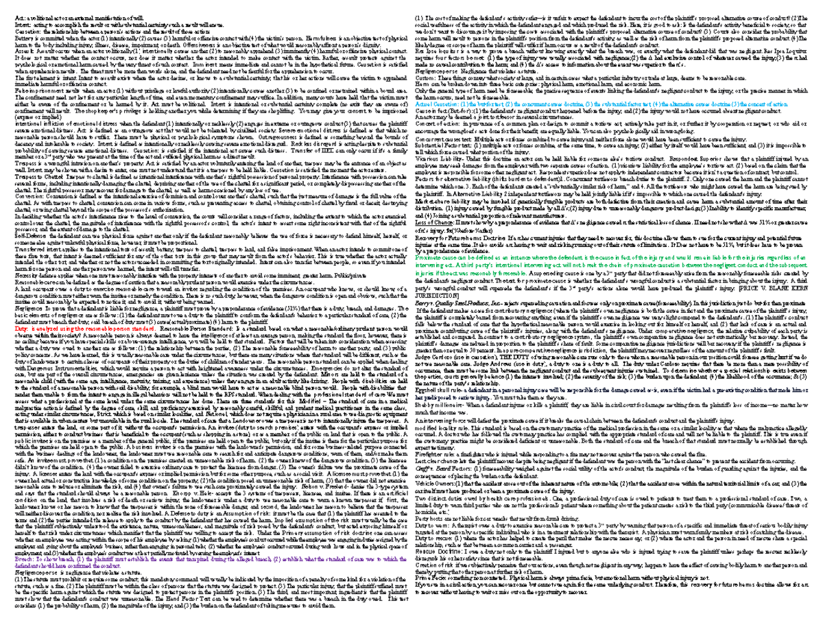 Torts Cheat Sheat - Act: a volitional act or an external manifestation ...