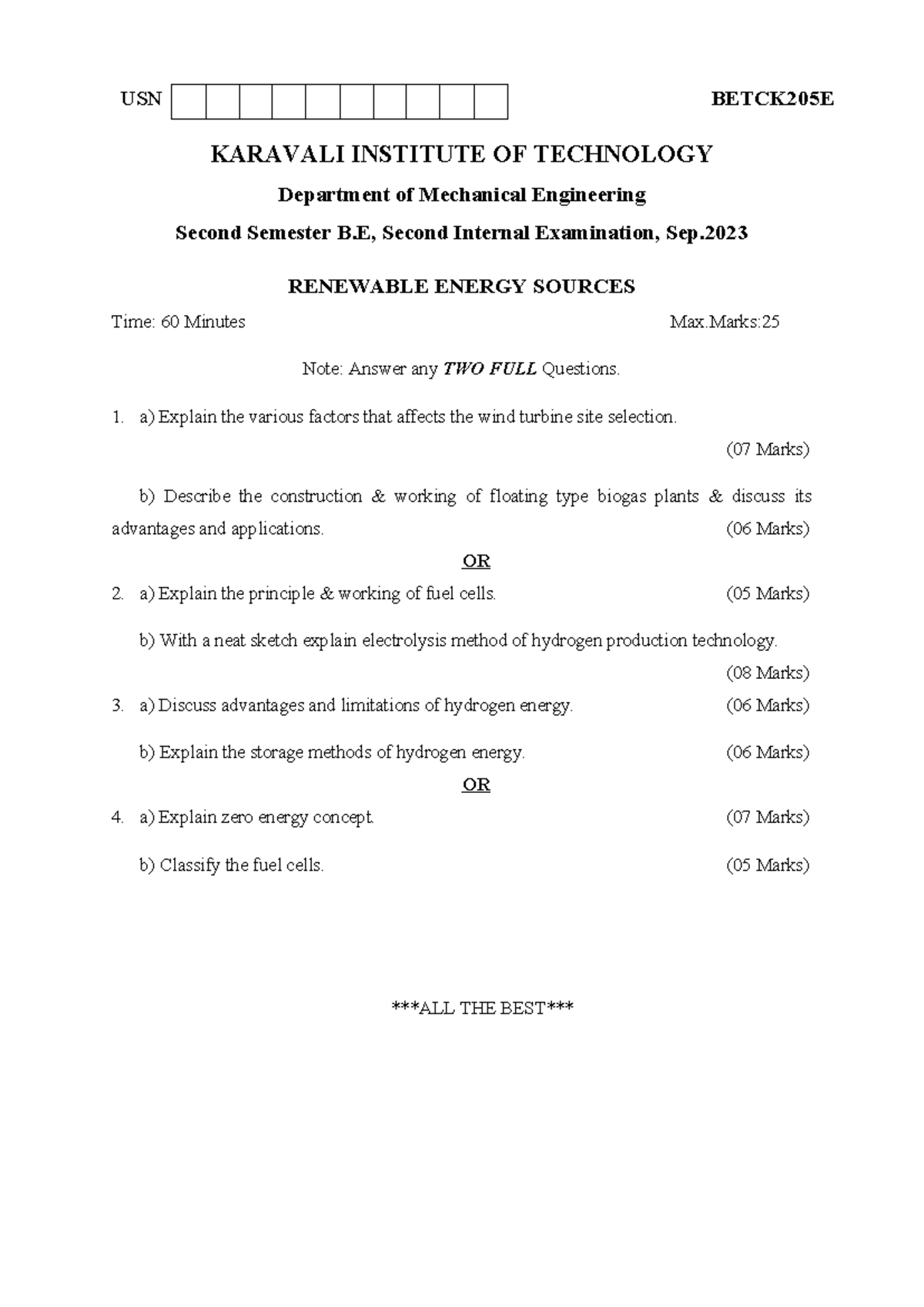 FM QP - question paper - USN BETCK205E KARAVALI INSTITUTE OF TECHNOLOGY Department of Mechanical ...